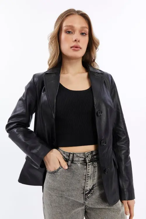 FURNIQ UK Esther Leather Blazer - Black
