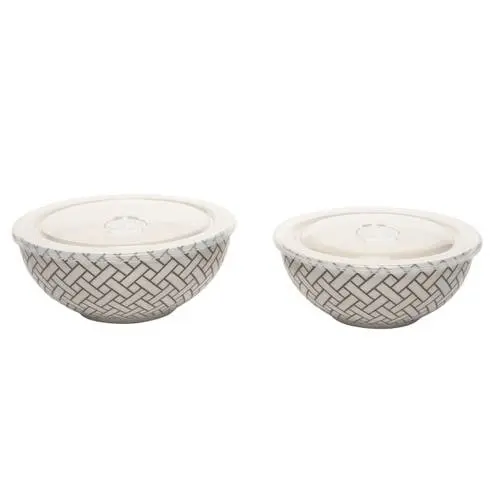 TOTALEE GIFT Lattice Pattern Bowls W/ Plastic Lid Set Of 2 Ceramic 25.7 Oz - White