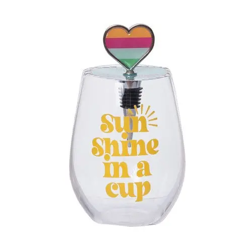 TOTALEE GIFT Sun Shine Wine Glass W/ Stopper Set Of 2 Glass 18 Oz - Clear
