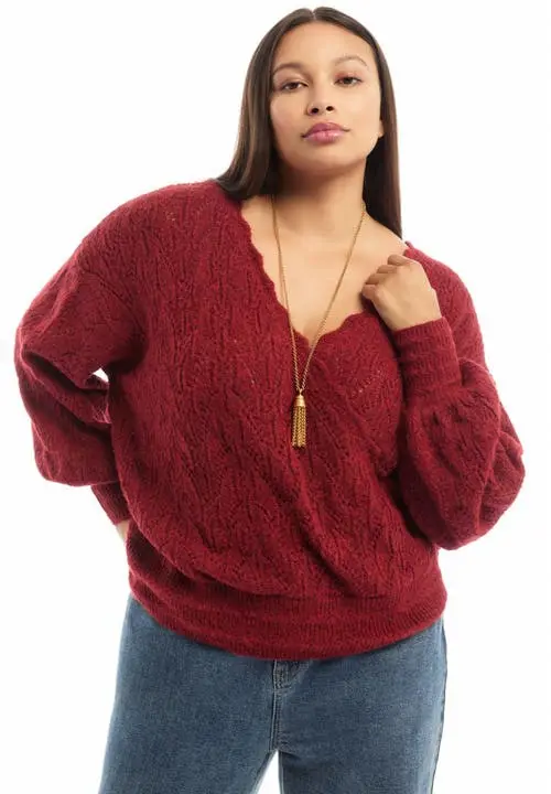 JUNE + VIE Scallop Trim Wrap Sweater - Ruby Wine