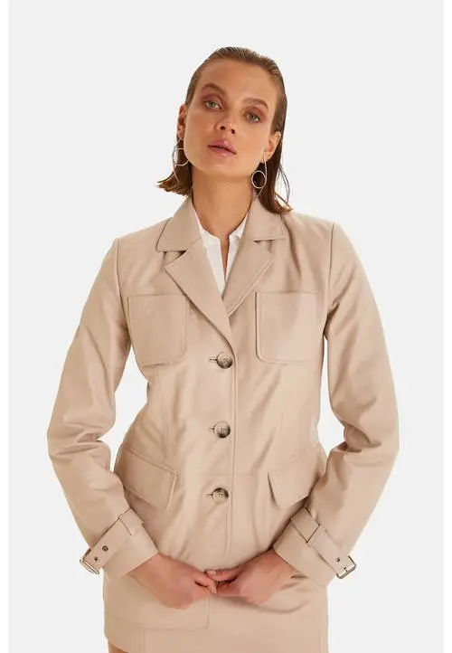 FURNIQ UK Leather Safari Jacket - Beige