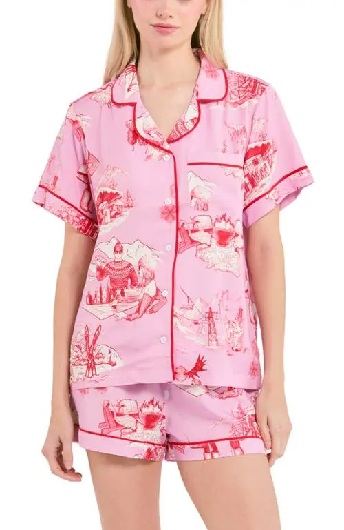 KATIE KIME Après Ski Toile Pajama Shorts Set - Lilac Cranberry