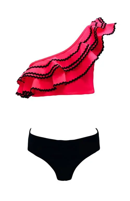 NESSI BYRD Ric-rac Trim One-shoulder Ruffle Two-piece Bikini - Red