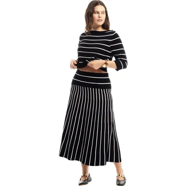JUNE + VIE Striped Knit Midi Skirt - Black Onyx Stripe