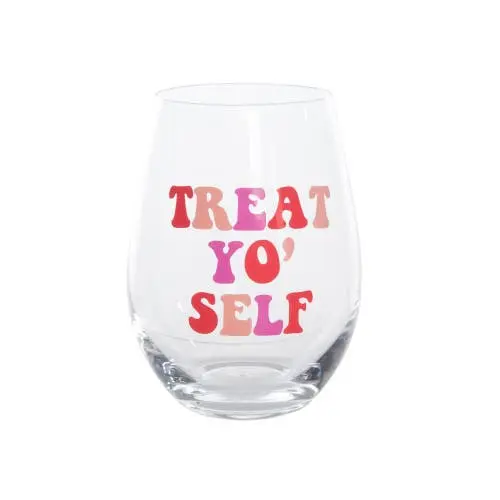 TOTALEE GIFT Treat Yo Self Wine Glass W/ Stopper Set Of 2 Glass 18 Oz - Clear