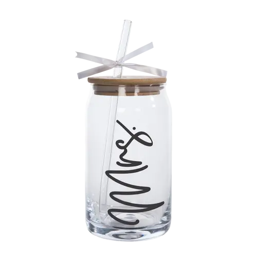 TOTALEE GIFT Mrs Glass Cup W/ Lid And Straw Glass 16 Oz - Clear