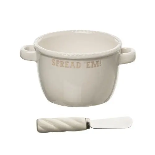TOTALEE GIFT Spread Em Bowl W/ Spreader Ceramic 12.5 Oz - White