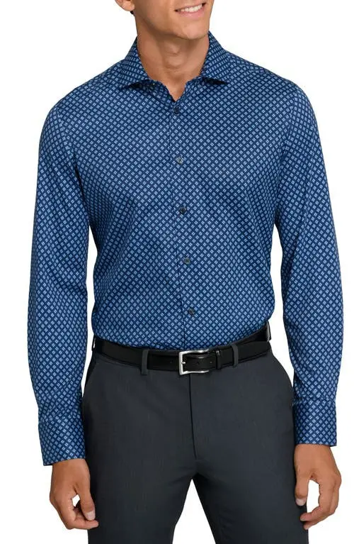 W.R.K Reworked Slim Fit Blue Diamond Print Cotton Dress Shirt - Navy/blue