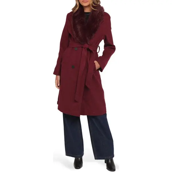 PETAL & PUP Belted Faux Fur Collared Coat