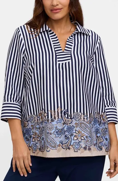 Foxcroft Julia Stripe Cotton Popover Top