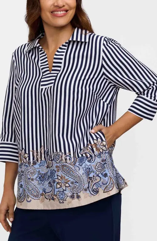 Foxcroft Julia Stripe Cotton Popover Top
