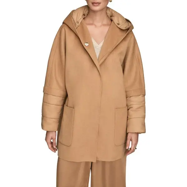 Donna Karan New York Mixed Media Puffer Sleeve Wool-blend Coat - Fawn