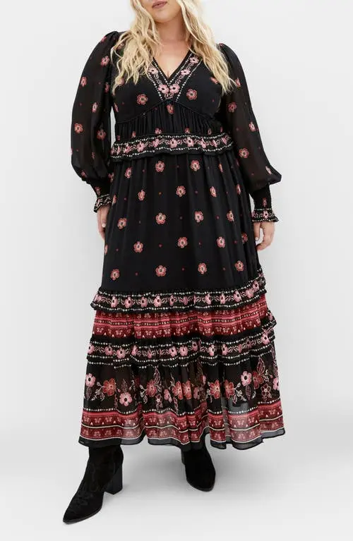 City Chic Cameron Long Sleeve Maxi Dress - Border Print