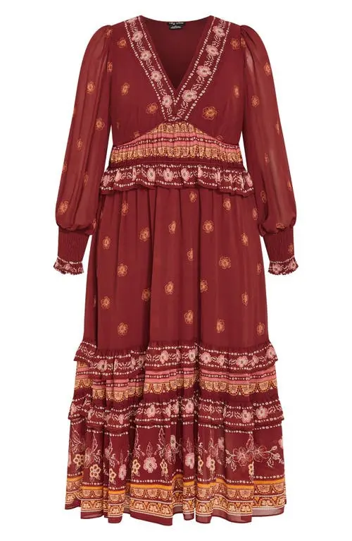 City Chic Cameron Long Sleeve Maxi Dress - Orange Print