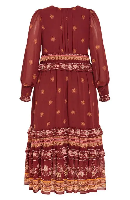 City Chic Cameron Long Sleeve Maxi Dress - Orange Print