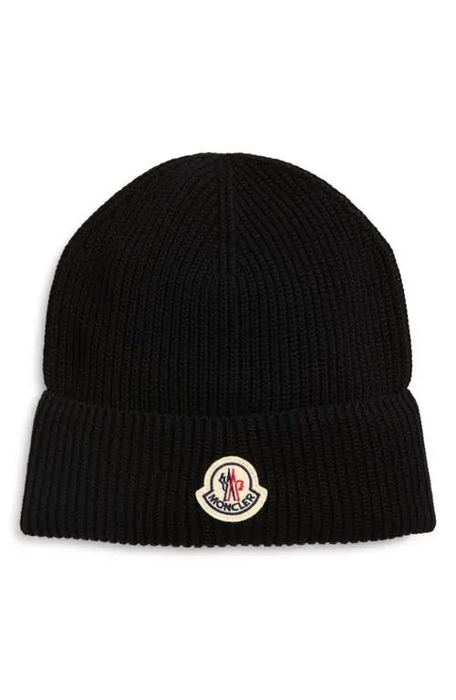 Moncler Logo Patch Cotton Beanie - Black
