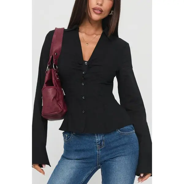 Princess Polly Elowenn Long Sleeve Button-up Shirt - Black
