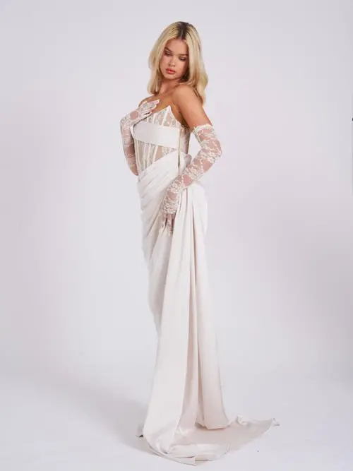 MISS CIRCLE NEW YORK Calliee High Slit Draped Satin Corset Gown - White