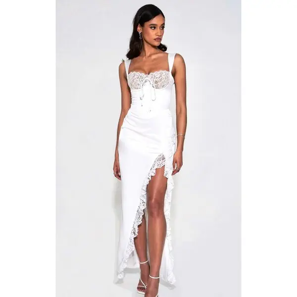 MISS CIRCLE NEW YORK Lace Satin Maxi Corset Dress - White
