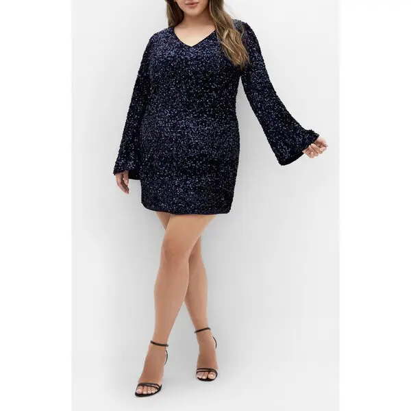 City Chic Paislee Sequin Long Sleeve Dress - Navy