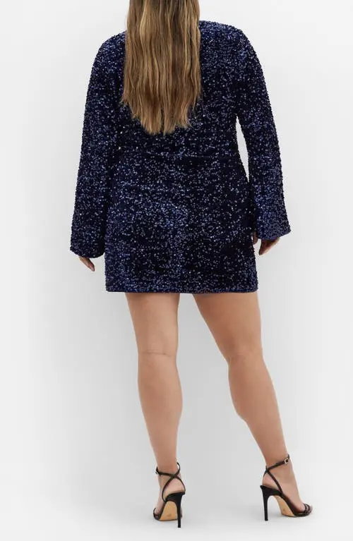 City Chic Paislee Sequin Long Sleeve Dress - Navy
