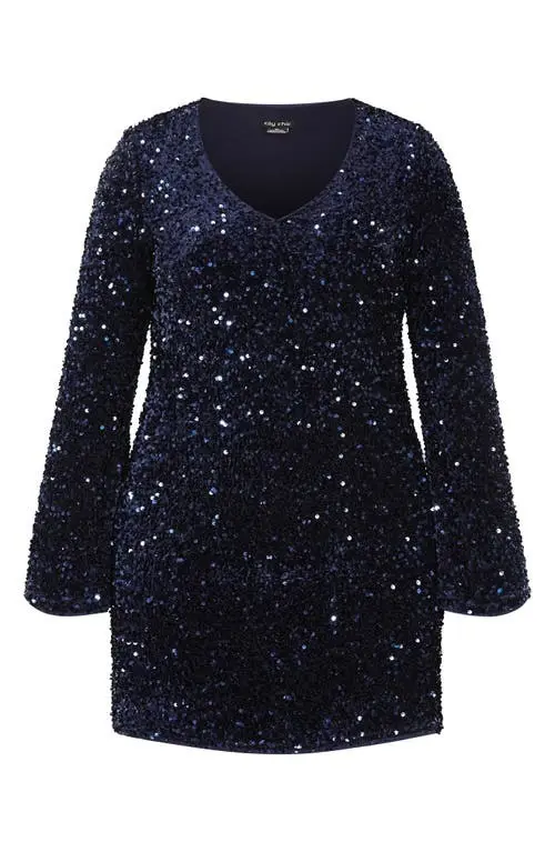 City Chic Paislee Sequin Long Sleeve Dress - Navy
