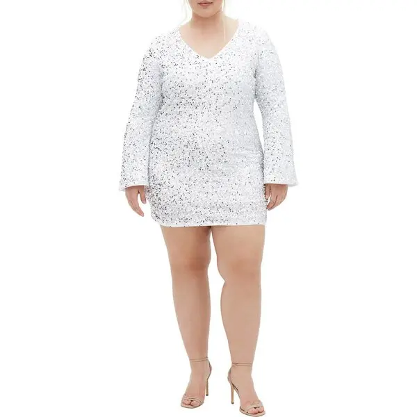 City Chic Paislee Sequin Long Sleeve Dress - Silver