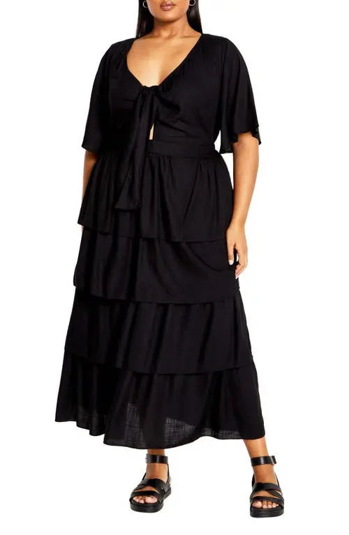 City Chic Maya Tie Front Tiered Midi Dress - Black