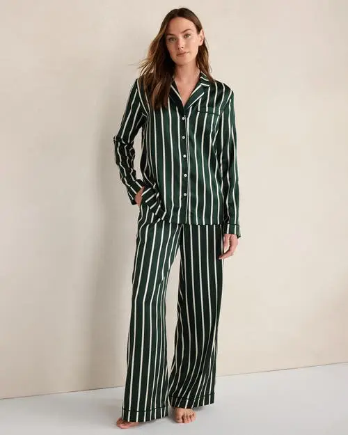 HAVEN WELL WITHIN Washable Silk Pinstripe Pajama Top - Hunter Multi Pinstripe