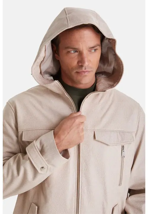 FURNIQ UK Leather Jacket With Attached Hood - Beige