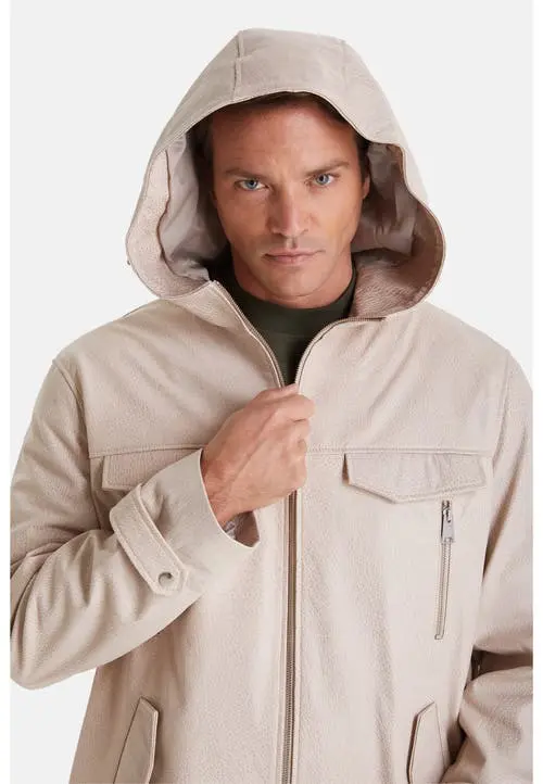 FURNIQ UK Leather Jacket With Attached Hood - Beige