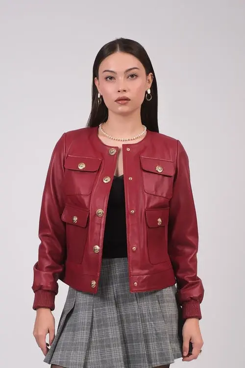 FURNIQ UK Beatrice Leather Jacket - Light Burgundy