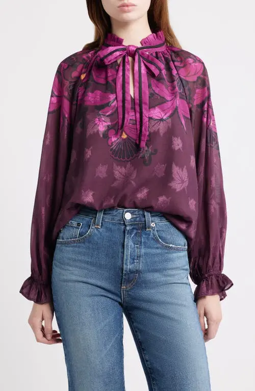 CIEBON Leaf Print Tie Neck Top