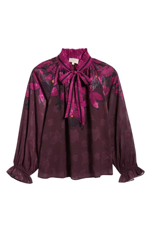 CIEBON Leaf Print Tie Neck Top