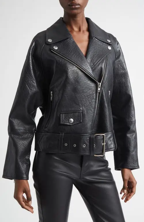 STAND STUDIO Romy Belted Leather Biker Jacket - Black