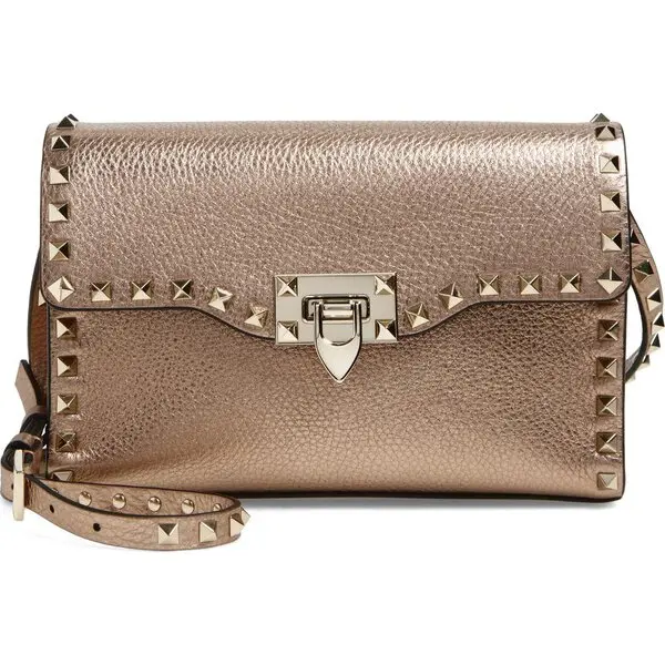 Valentino Garavani Small Rockstud Grained Metallic Leather Shoulder Bag