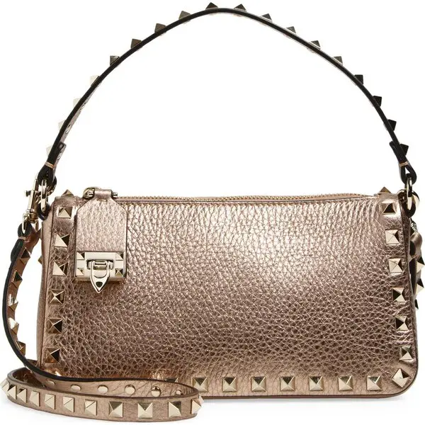 Valentino Garavani Small Rockstud Grained Metallic Leather Shoulder Bag