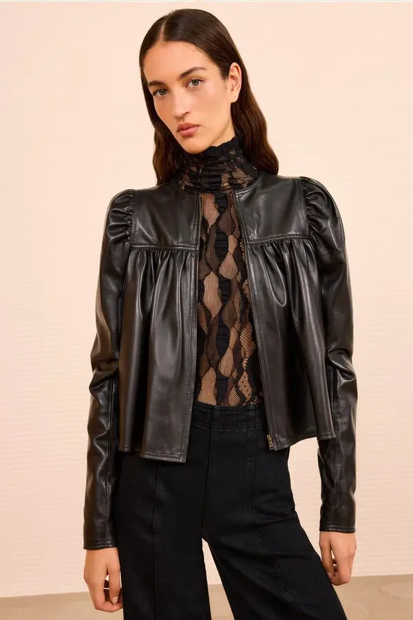 Ulla Johnson Leather Zip Up Jacket With Puffed Sleeves - Noir