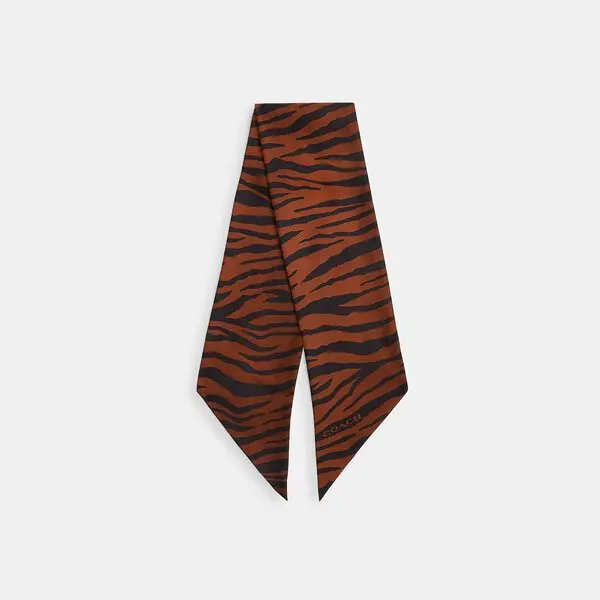 COACH Tiger Print Silk Wide Skinny Scarf - Dark Brown