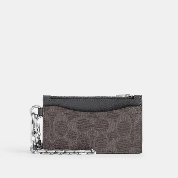 COACH Zip Card Case With Chain In Signature Canvas - Grey Signature