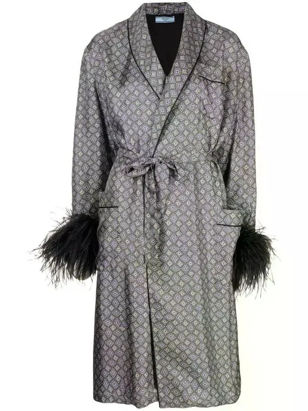 Prada Feather-detail Silk Robe - Multicolour
