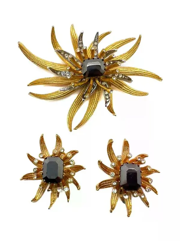 JENNIFER GIBSON JEWELLERY Vintage Haematite Chrysanthemum Earrings And Brooch Set - Gold