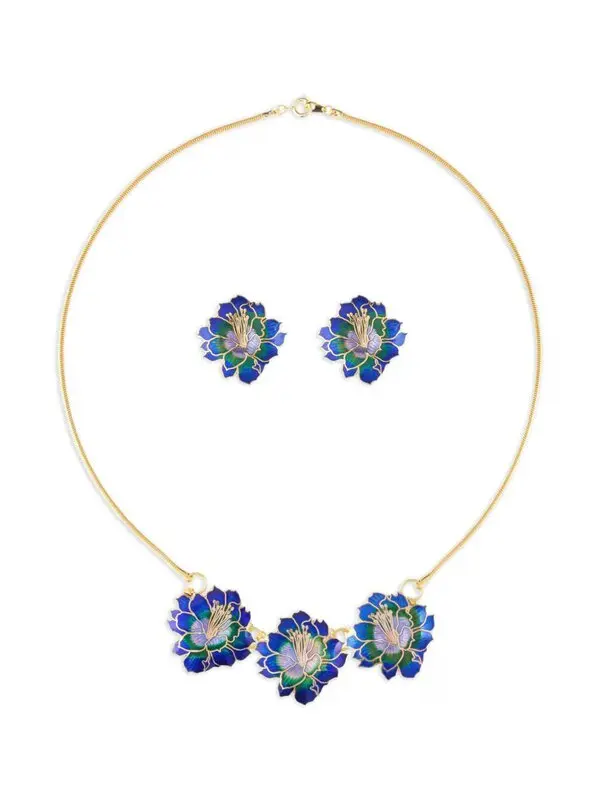 SUSAN CAPLAN 1980s Cloisonné Lotus Flower Necklace And Earrings Set - Gold