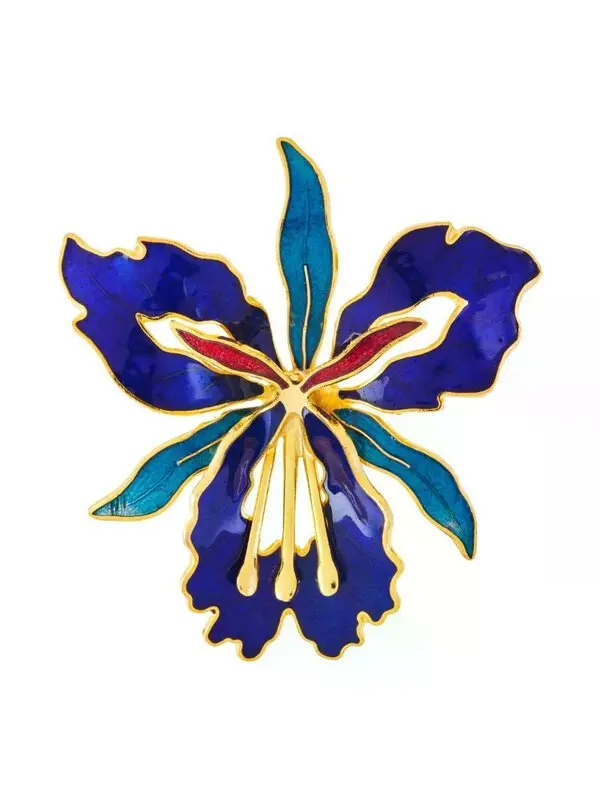 SUSAN CAPLAN 1980s Orchid-shaped Cloisonné Brooch - Gold