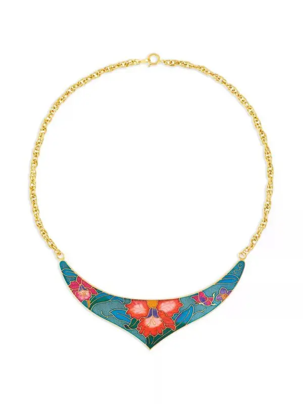 SUSAN CAPLAN 1980s Cloisonné Floral Necklace - Gold