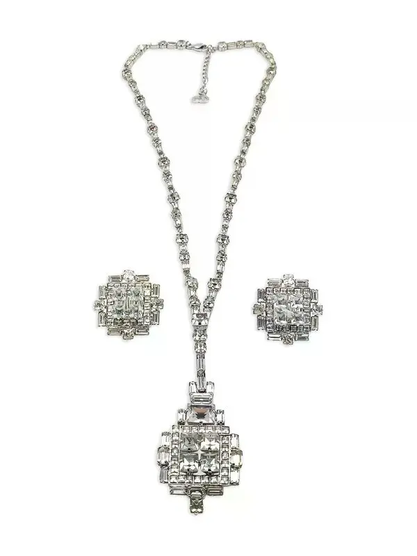 Dior 1970s Art Deco Pendant Necklace And Clip On Earrings Set - Silver
