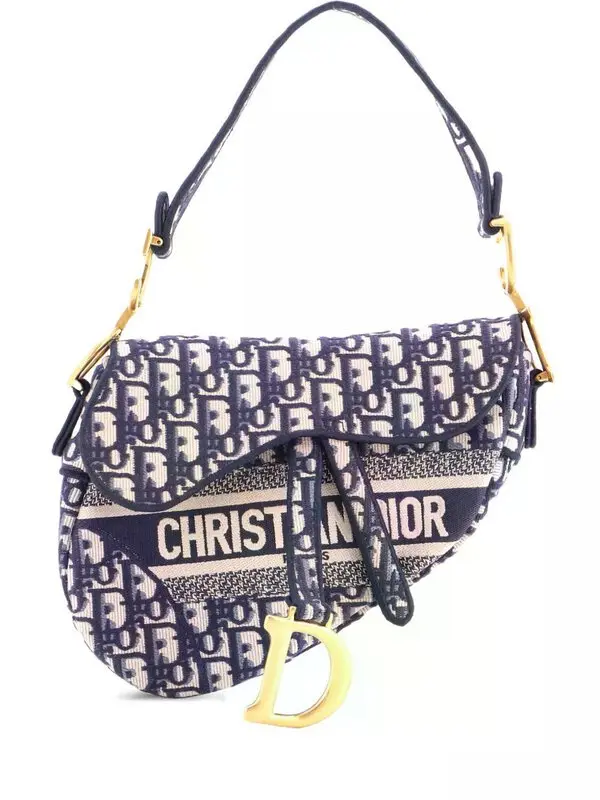 Dior Saddle Handbag Logo Embroidered Oblique Canvas Medium Shoulder Bag - Blue