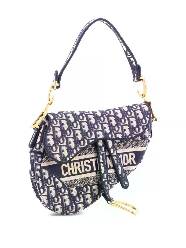 Dior Saddle Handbag Logo Embroidered Oblique Canvas Medium Shoulder Bag - Blue