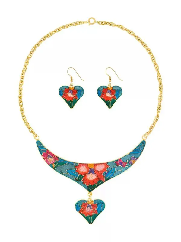 SUSAN CAPLAN 1980s Heart-charm Cloisonné Necklace And Earrings Set - Gold