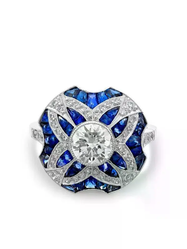 PRAGNELL Platinum Art Deco Diamond And Sapphire Ring - Silver